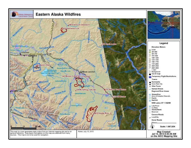 Eastern Alaska Wildfires map; July15 – Alaska Wildland Fire Information